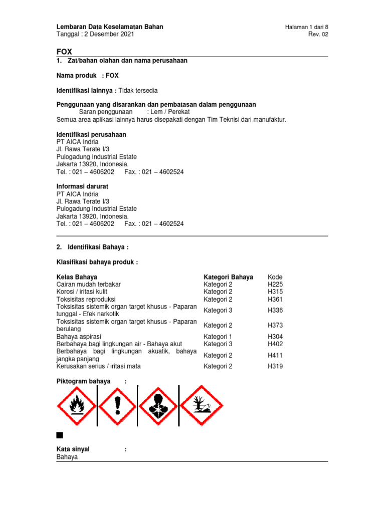 MSDS Lem Fox Kuning PT AICA Indria | PDF