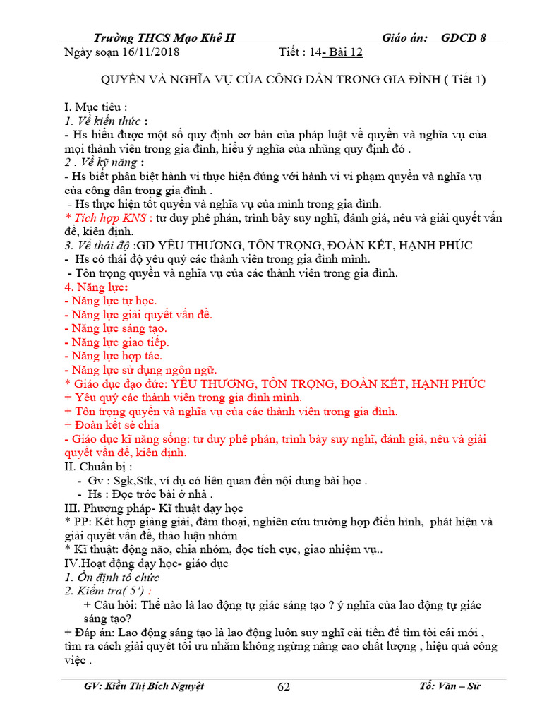 GDCD 8 - T 15 Quyen Va Nghia Vu Cua Cong Dan Trong Gia Dinh. (t2) Nam Hoc 2019 - 2020 | PDF