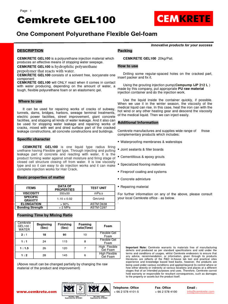 Cemkrete GEL100: Polyurethane Gel-Foam | PDF | Polyurethane | Concrete