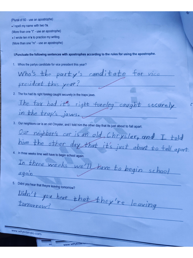 Grade 5 Apostrophe, Punctuation Worksheet | PDF
