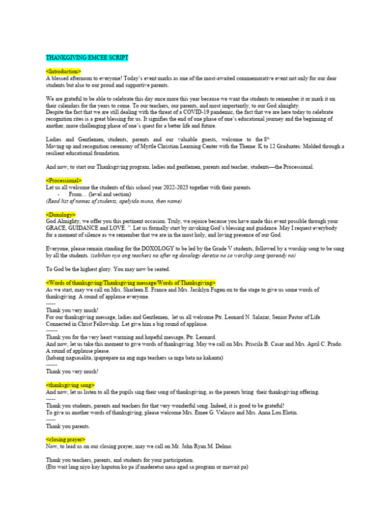 Thankgiving Emcee Script | Download Free PDF | Worship | Christian ...