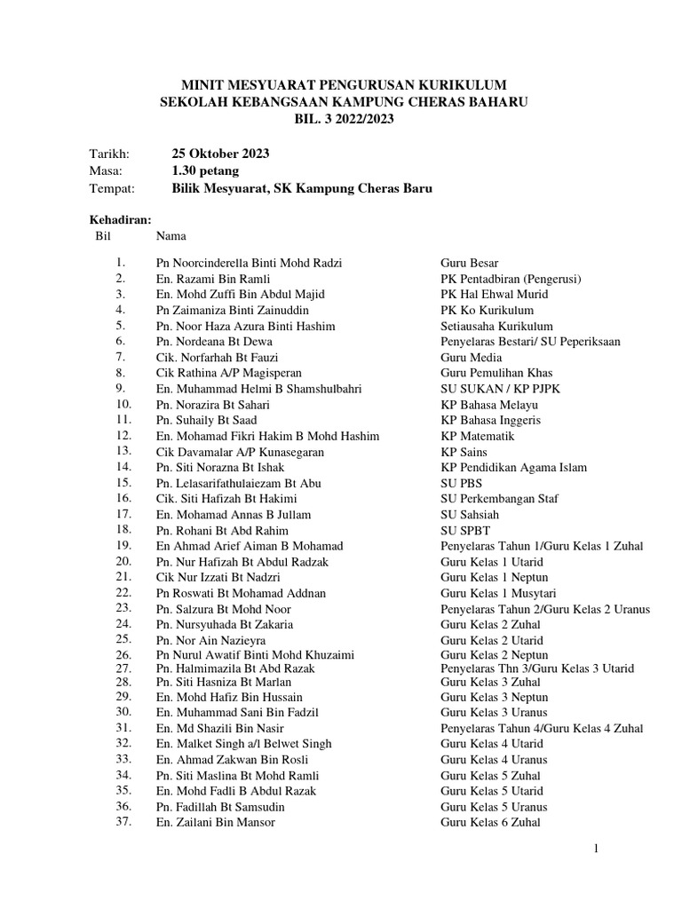 Minit Mesyuarat Pengurusan Kurikulum Bil 3 2022 - 2023 | PDF