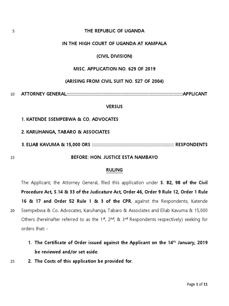 Attorney General V Katende Ssempebwa and Company Advocates and Others ...