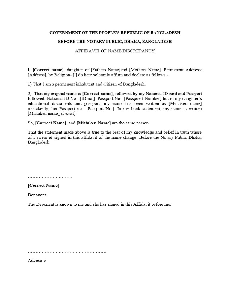 Sample - AFFIDAVIT OF NAME DISCREPANCY Format in Bangladesh | PDF