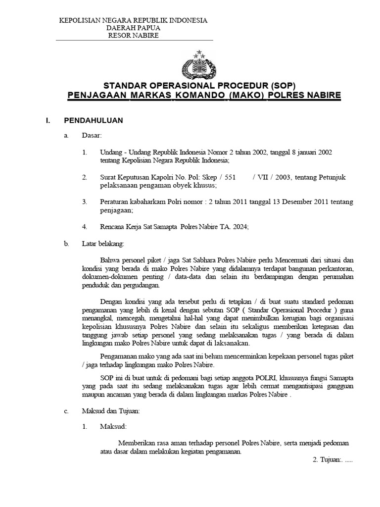 SOP Penjagaan Mako Polres Nabire | PDF