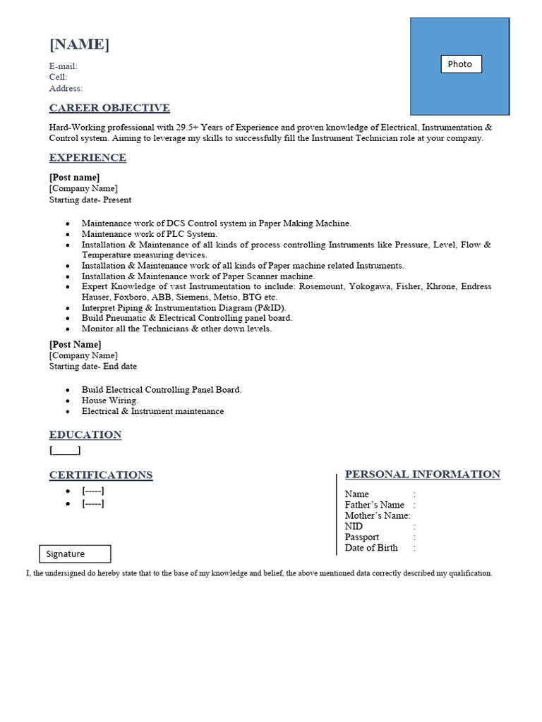 Sample CV of A Electrical and Instrument Technician | Download Free PDF ...