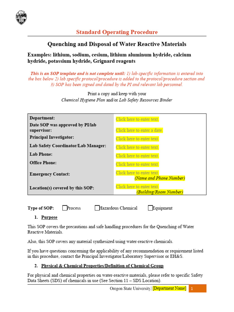 Sop Template Quenching Water Reactive Materials | PDF | Physical Sciences | Materials