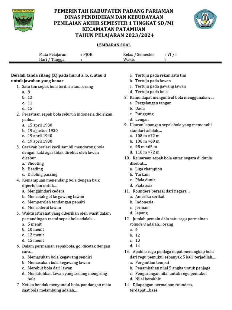 Soal Pas Pjok Kelas 6 Okk | PDF