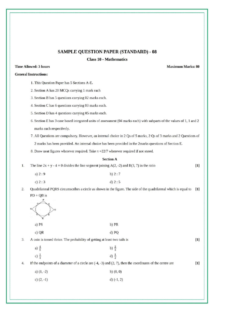 Maths (Standard) Sample Paper | PDF