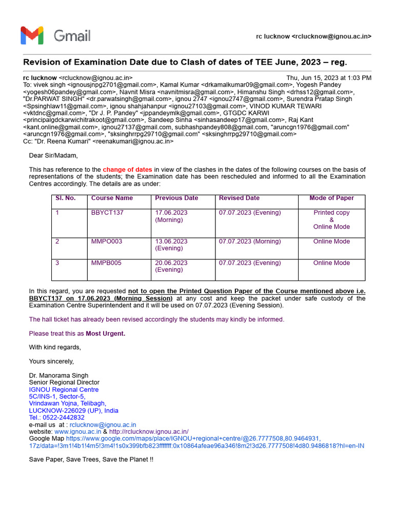 IGNOU Mail - Revision of Examination Date Due To Clash of Dates of TEE ...