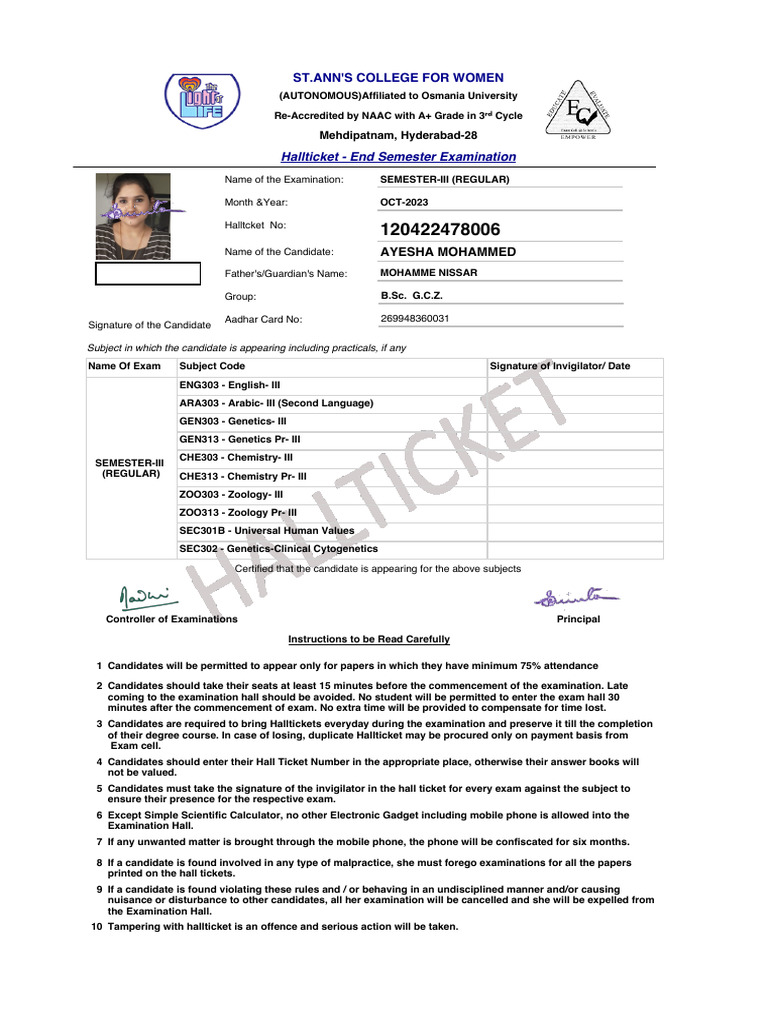 Hallticket - End Semester Examination: ST - Ann'S College For Women | PDF