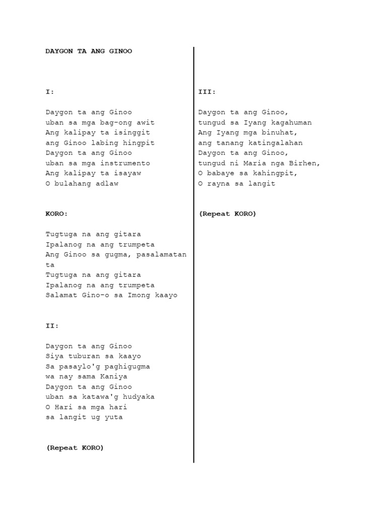 Daygon Ta Ang Ginoo Lyrics | PDF