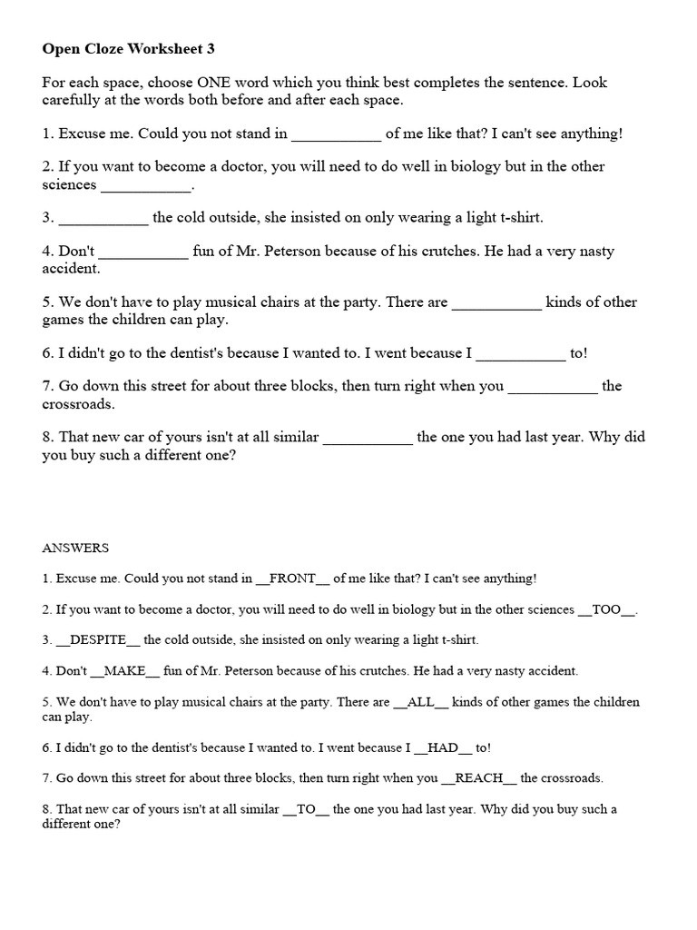 Open Cloze Worksheet 3 | PDF