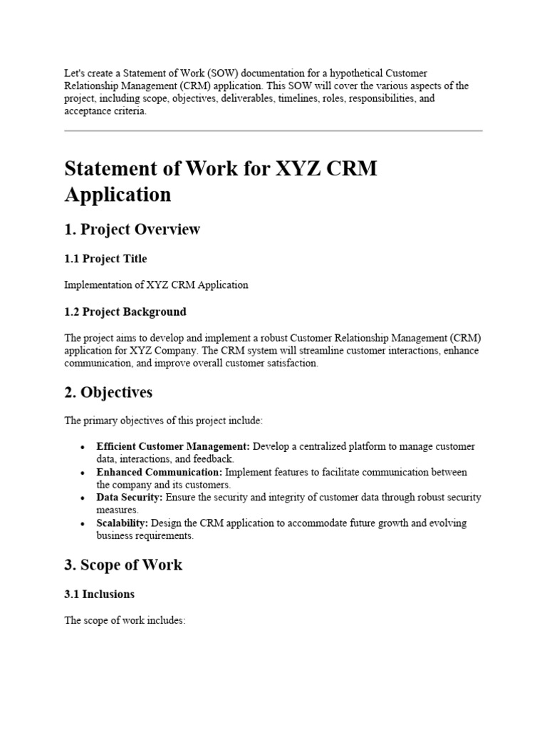 Statement of Work for XYZ CRM Application | PDF | Customer Relationship ...