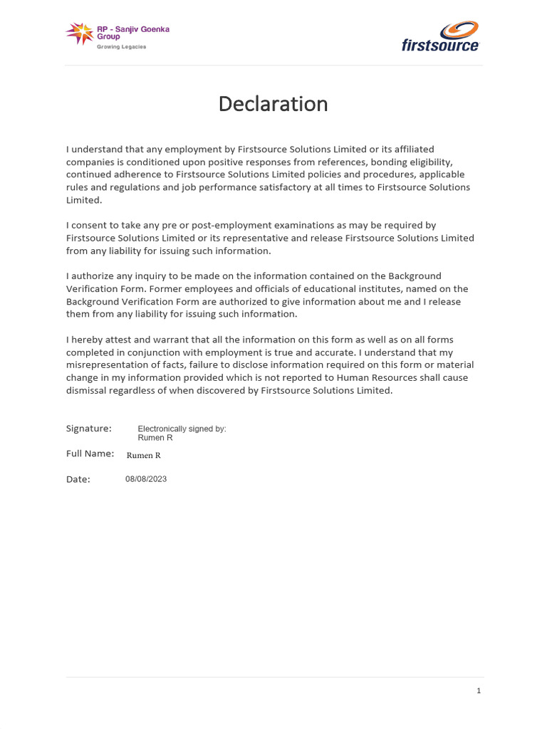 BGV Declaration | PDF