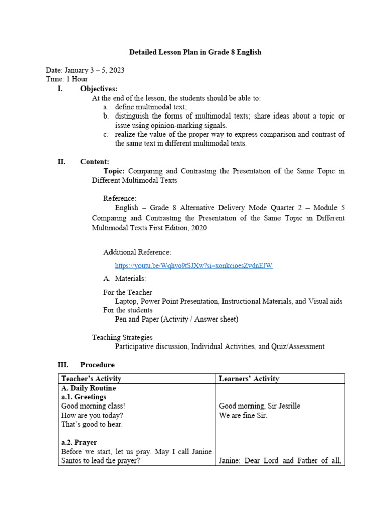 Detailed Lesson Plan in Grade 8 Module 5 - Q2 | PDF | Lesson Plan ...
