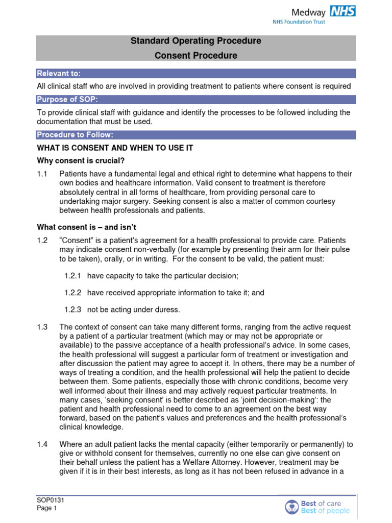 4252 - Consent Procedure - SOP0131-2 | PDF | Informed Consent | Anesthesia