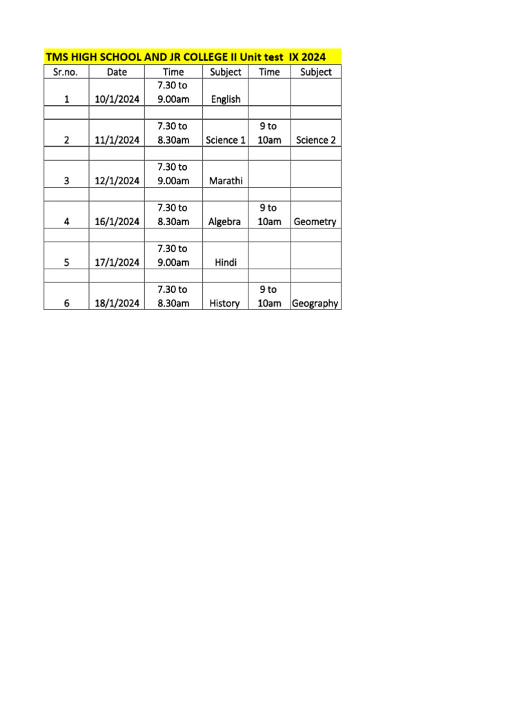IX Unit Test 2 2024 Timetable | PDF