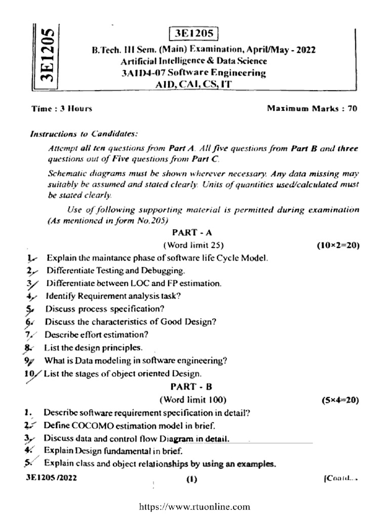 Btech Aid Cai Cs It 3 Sem Software Engineering 3e1205 May 2022 | PDF
