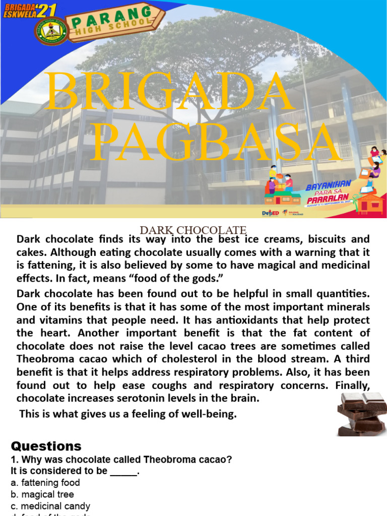 Brigada Pagbasa Pre Assessment | PDF | Chocolate | Breathing