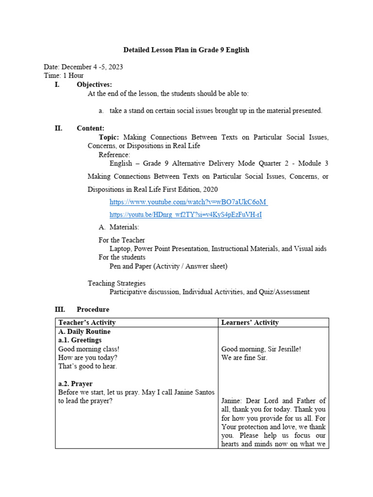 Detailed Lesson Plan in Grade 9 Module 3 Q2 | PDF | Lesson Plan | Prayer