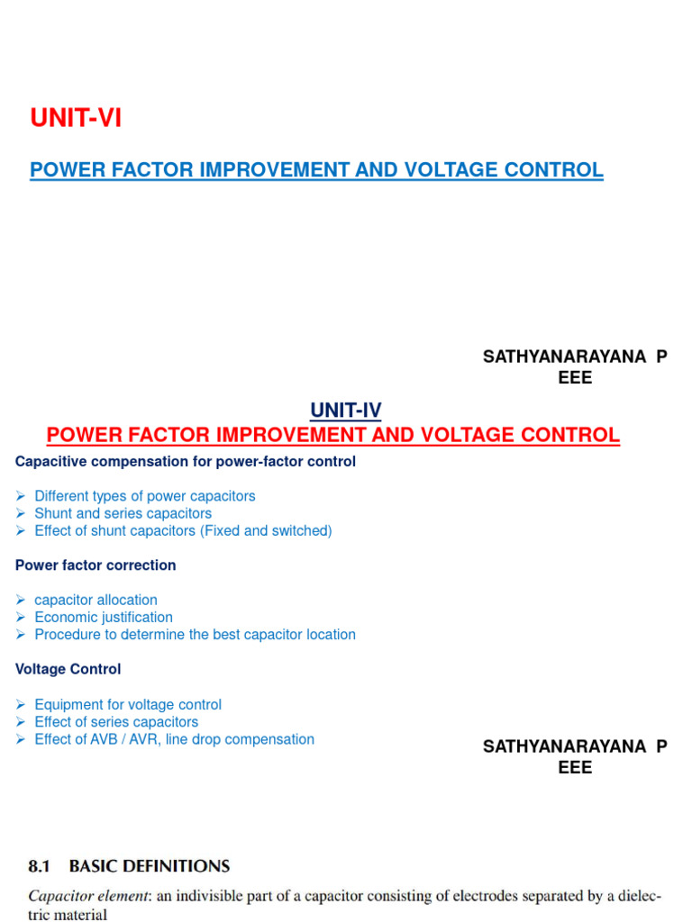 Unit-6 - Eds - Power Factor Improvement & Voltage Control | PDF | Capacitor | Electromagnetism