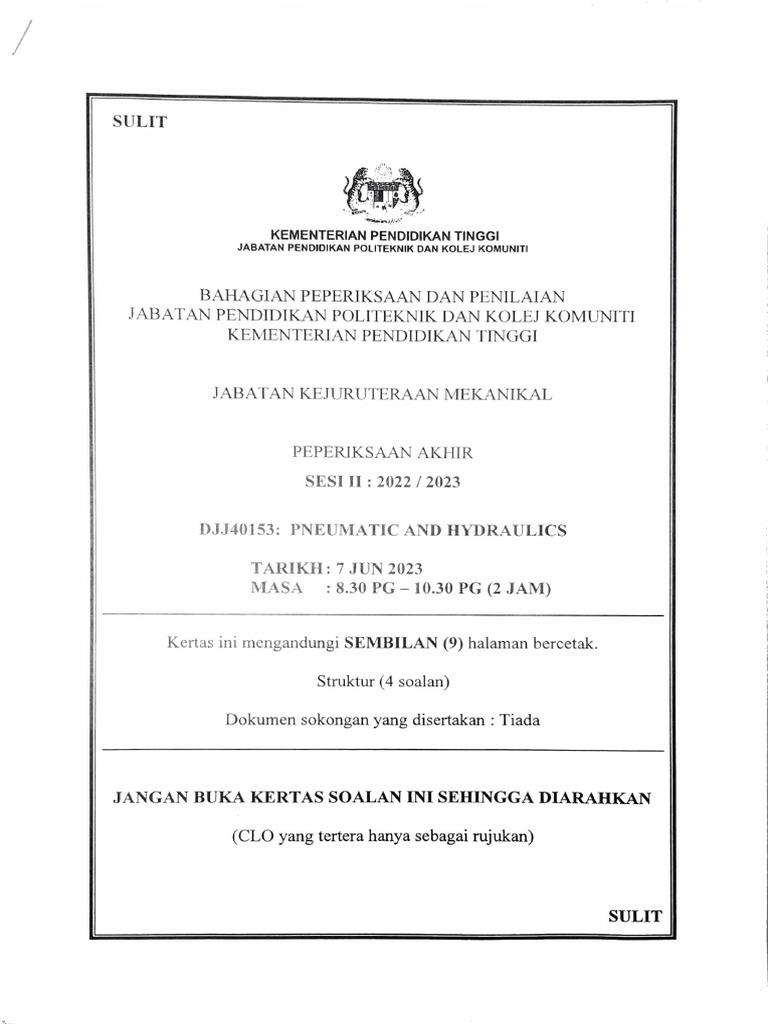 DJJ40153 Pneumatic and Hydraulics Final Assessment Sesi Ii 2022 - 2023 ...