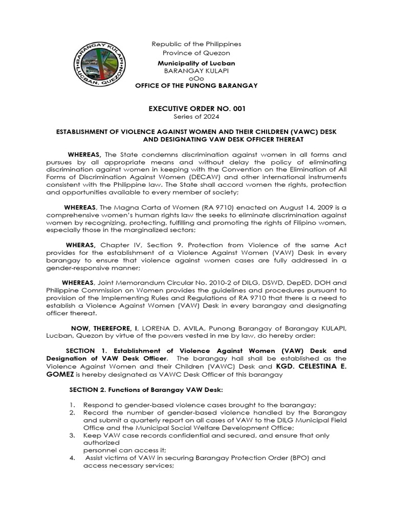 Vawc Eo 001 - 2024 | PDF | Violence | Domestic Violence