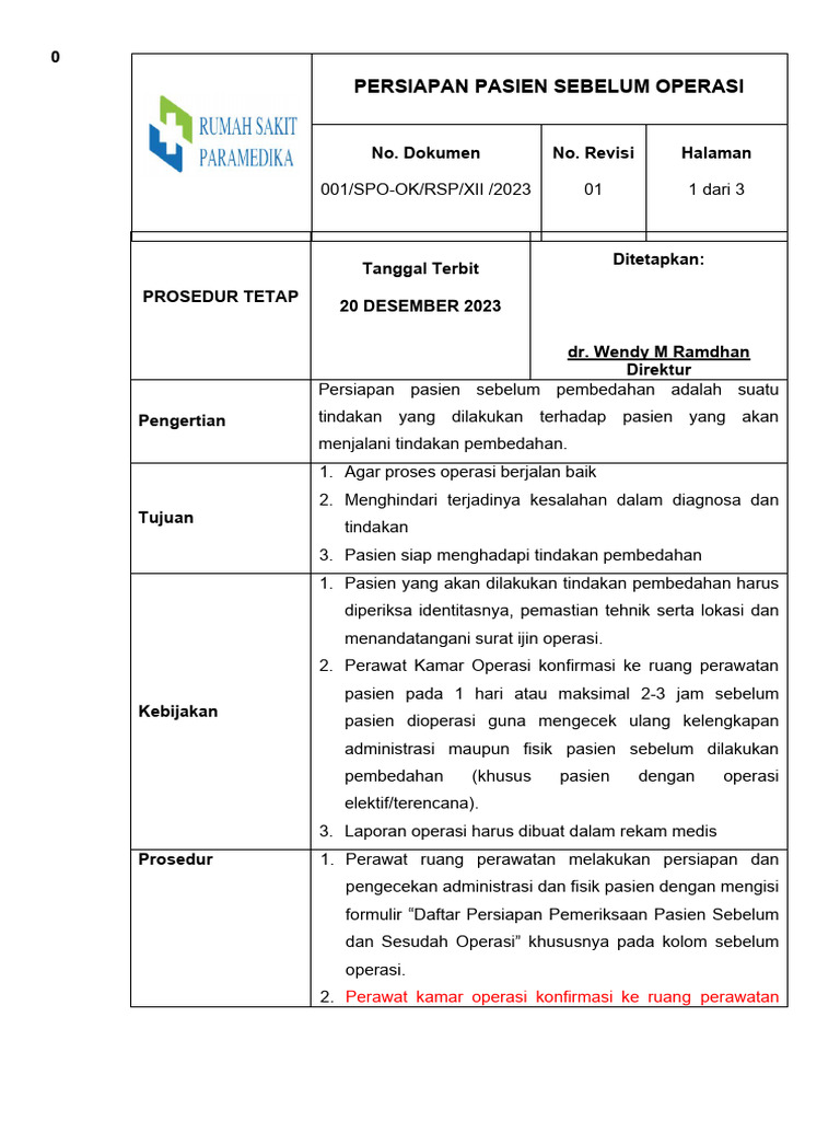 Sop Ok 001 Persiapan Pasien Sebelum Pembedahan | PDF