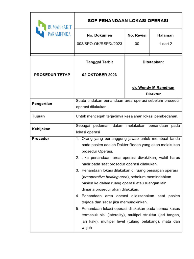 Sop Ok 003 Sop Penandaan Lokasi Operasi | PDF