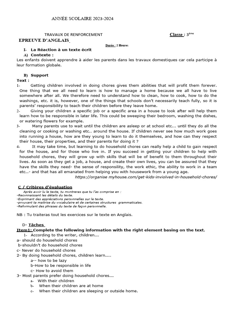 Classe: Epreuve D'Anglais: ANNÉE SCOLAIRE 2023-2024 Travaux de ...
