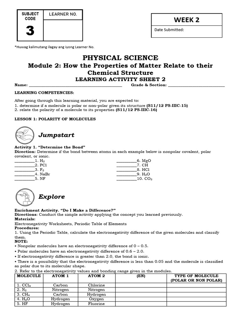 Las2 Phy Sci | PDF | Chemical Polarity | Chemical Bond