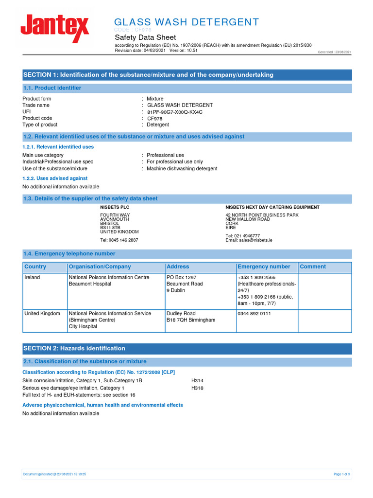 Jantex Glass Wash Detergent | PDF | Dangerous Goods | Sodium Hydroxide