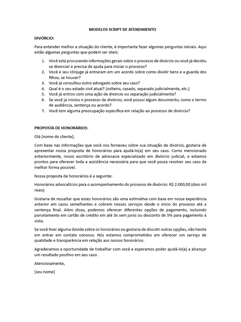 Modelos Script de Atendimento | PDF | Divórcio | Advogado