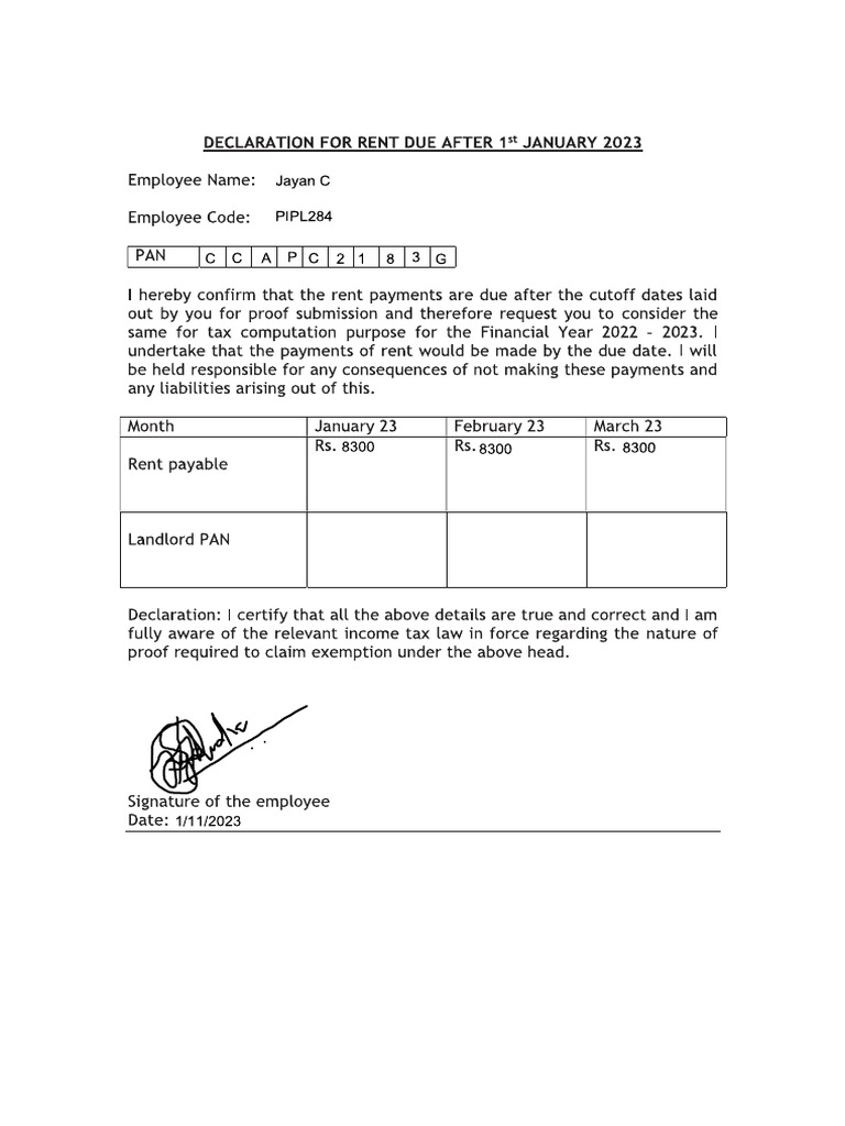 Declaration For Rent Due After 1st Jan 2023 | PDF