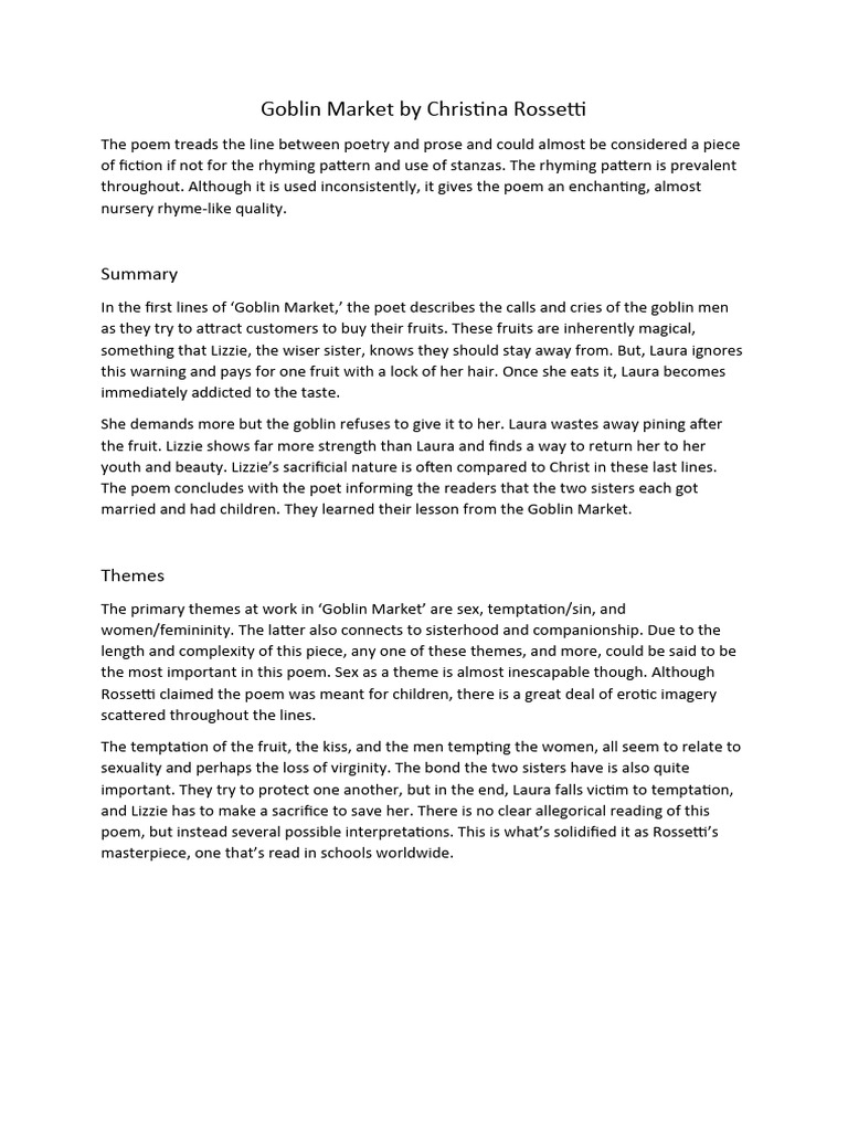 Goblin Market by Christina Rossetti Summary and Analysis | PDF