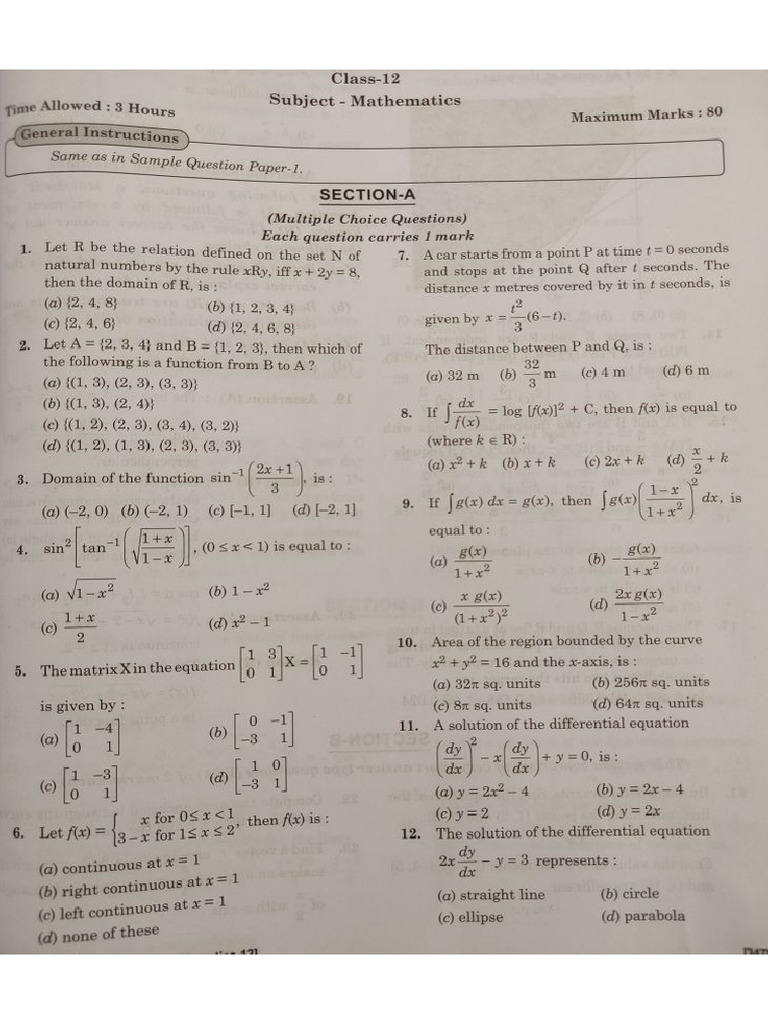 Sample Paper (1) Maths 12 | PDF