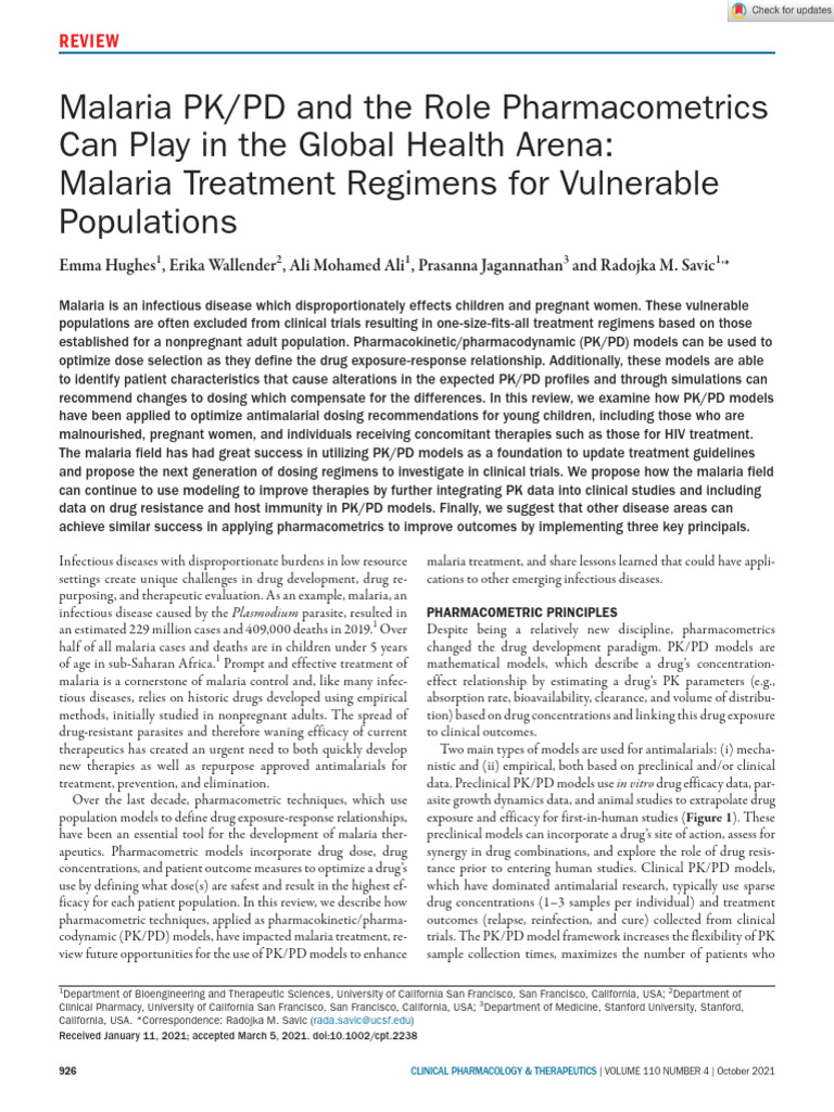 Malaria PK/PD and The Role Pharmacometrics Can Play in The Global Health Arena: Malaria ...