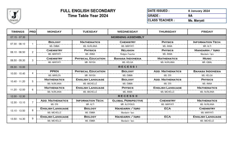 Grade 9A - Time Table | PDF