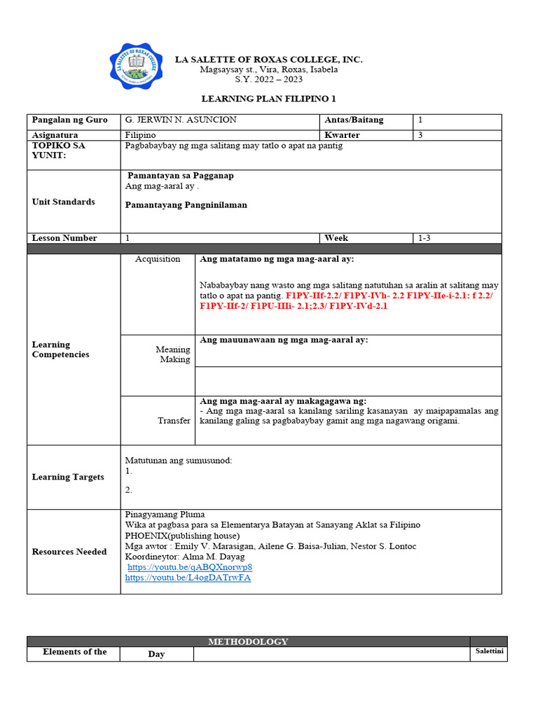 Learning Plan Fil 1 Q3 Week 1-2 | PDF