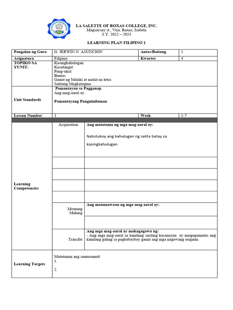 Learning Plan Fil 1 Q4 Week 1-7 | PDF