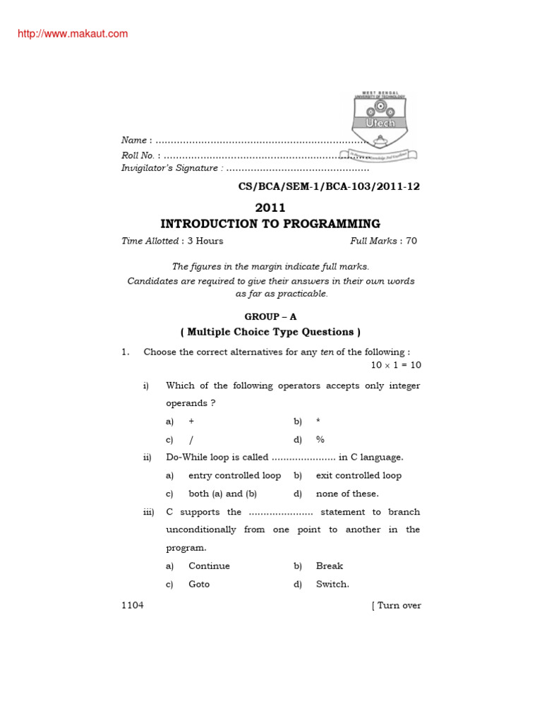 Bca Bca 103 Introduction To Programming 2011 Pdf Pointer Computer Programming Computer Data 4460