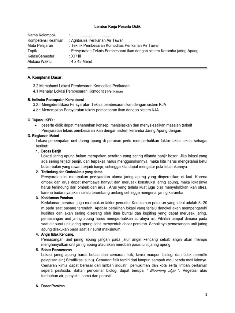 LKPD Pemilihan Lokasi Pembesaran Ikan Dengan Sistem KJA | PDF | Sains & Matematika | Teknologi ...