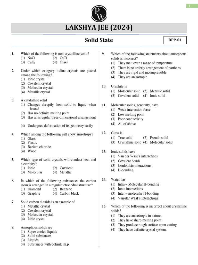Solid State - DPP 01 - Lakshya JEE 2024 | PDF | Crystal | Solid