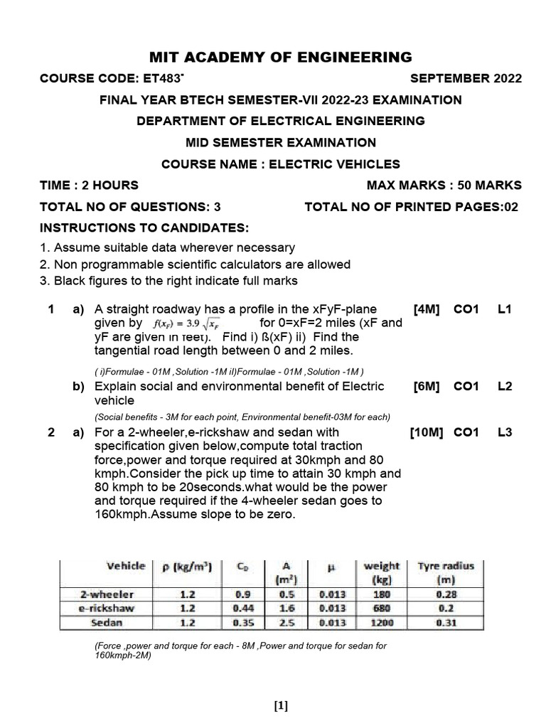 ET483 - Electric Vehicle - Sample Question Paper | PDF | Electric Motor ...
