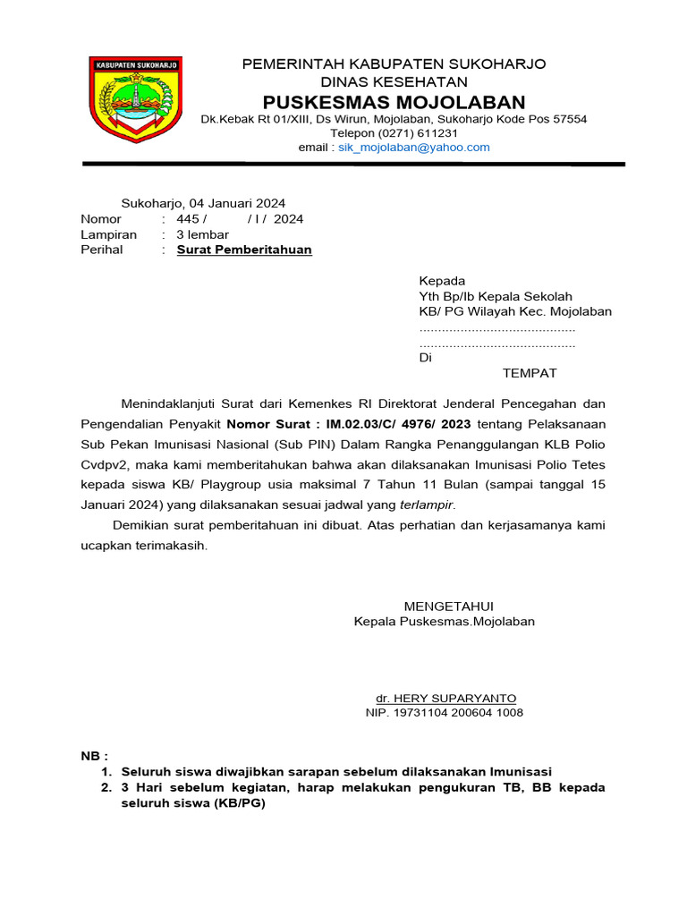 Surat Pemberitahuan Imunisasi Polio | PDF
