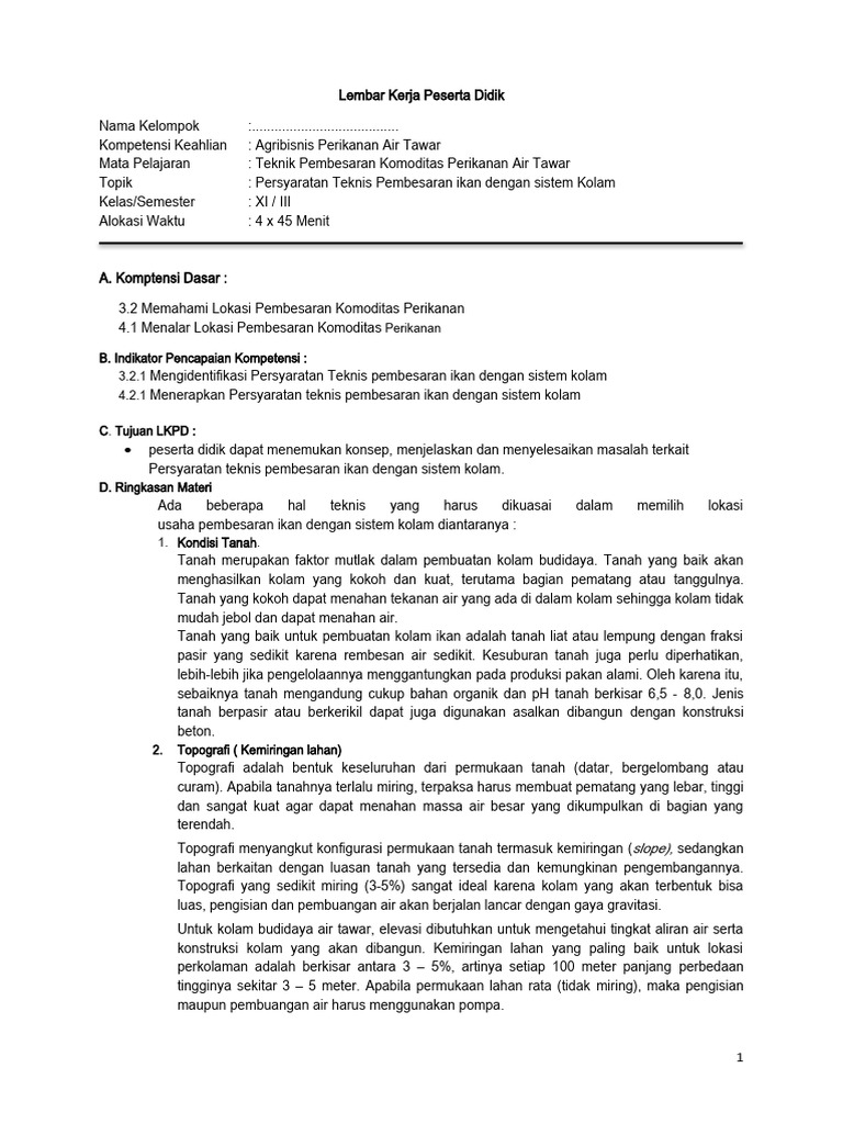 LKPD Pemilihan Lokasi Pembesaran Ikan Dengan Sistem KJA | PDF | Sains & Matematika | Teknologi ...