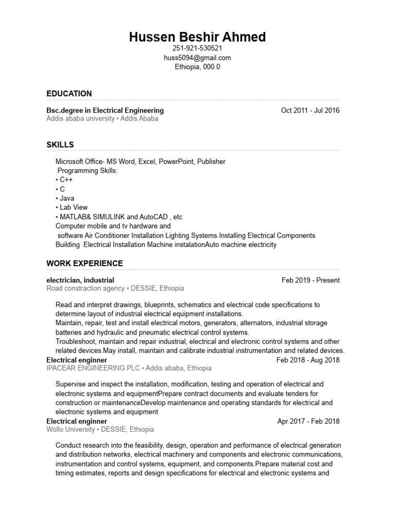 Hussen Beshir Ahmed: Education | PDF | Electrical Engineering | Engineer