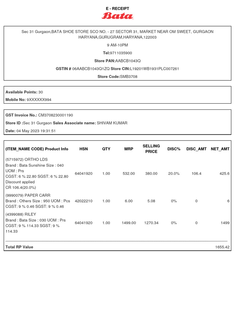 BataClub Receipt 123426950053 | PDF | Value Added Tax | Receipt