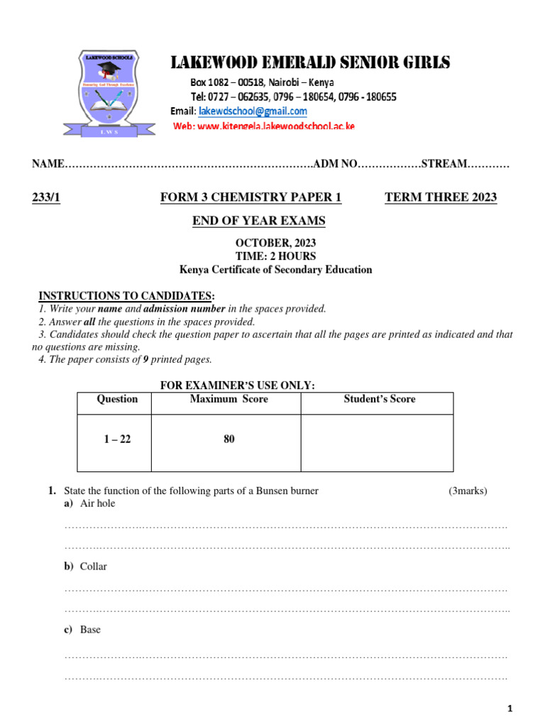 CHEM PAPER 1 FORM 3 T3 2023 Kcse Rev | PDF | Chemical Elements | Alkane